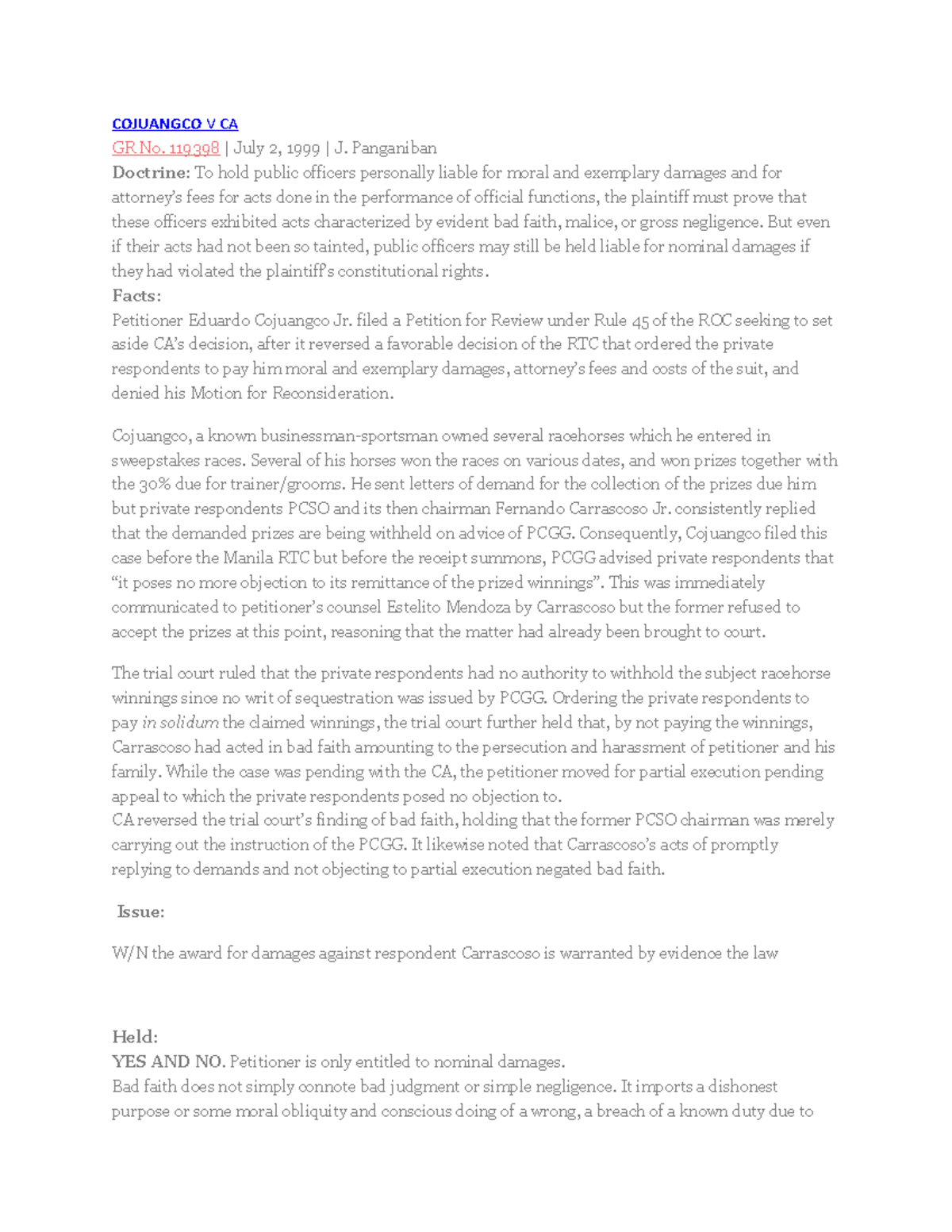 Digested Coangco VS CA - Digests - COJUANGCO V CA GR No. 119398 | July ...