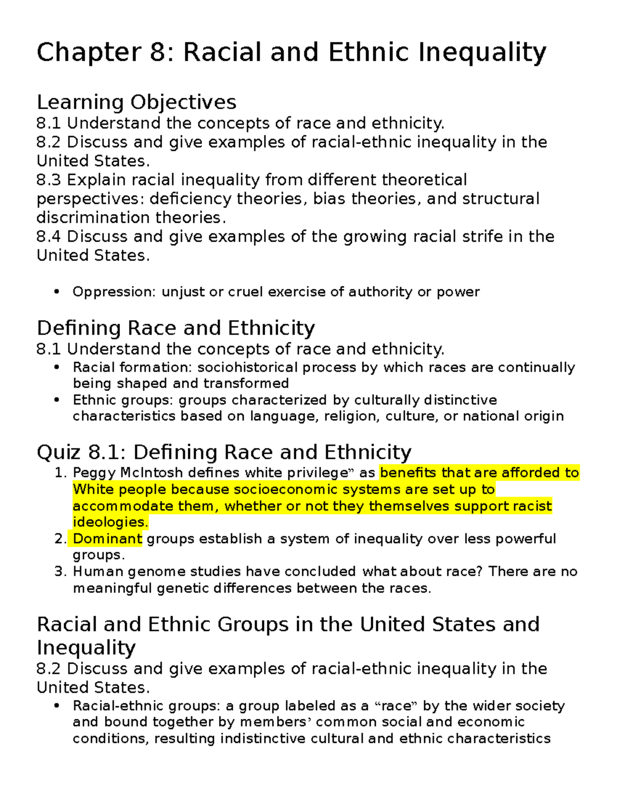 Chapter 8 - Racial and Ethnic Inequality Notes - Chapter 8: Racial and ...