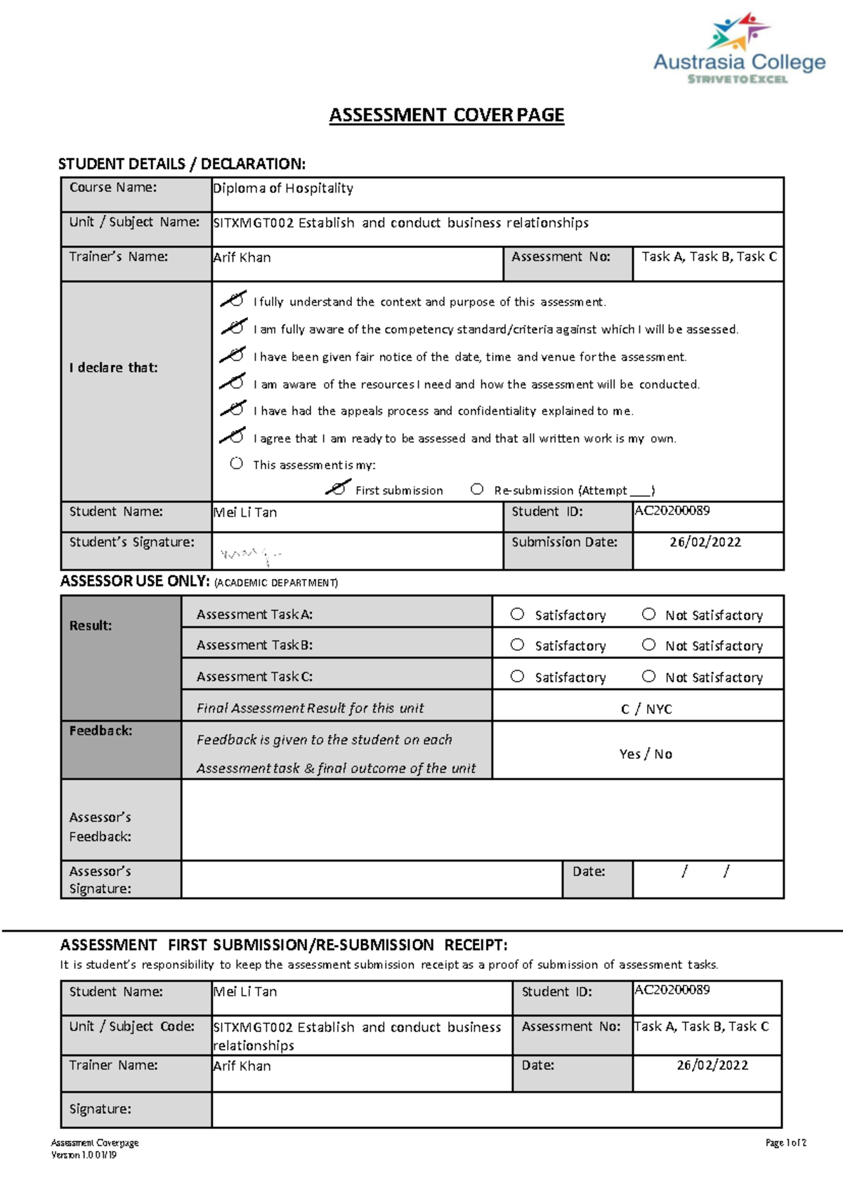 Sitxmgt 002 Assessment Task A, B, C ( Completed) - Assessment Cover ...