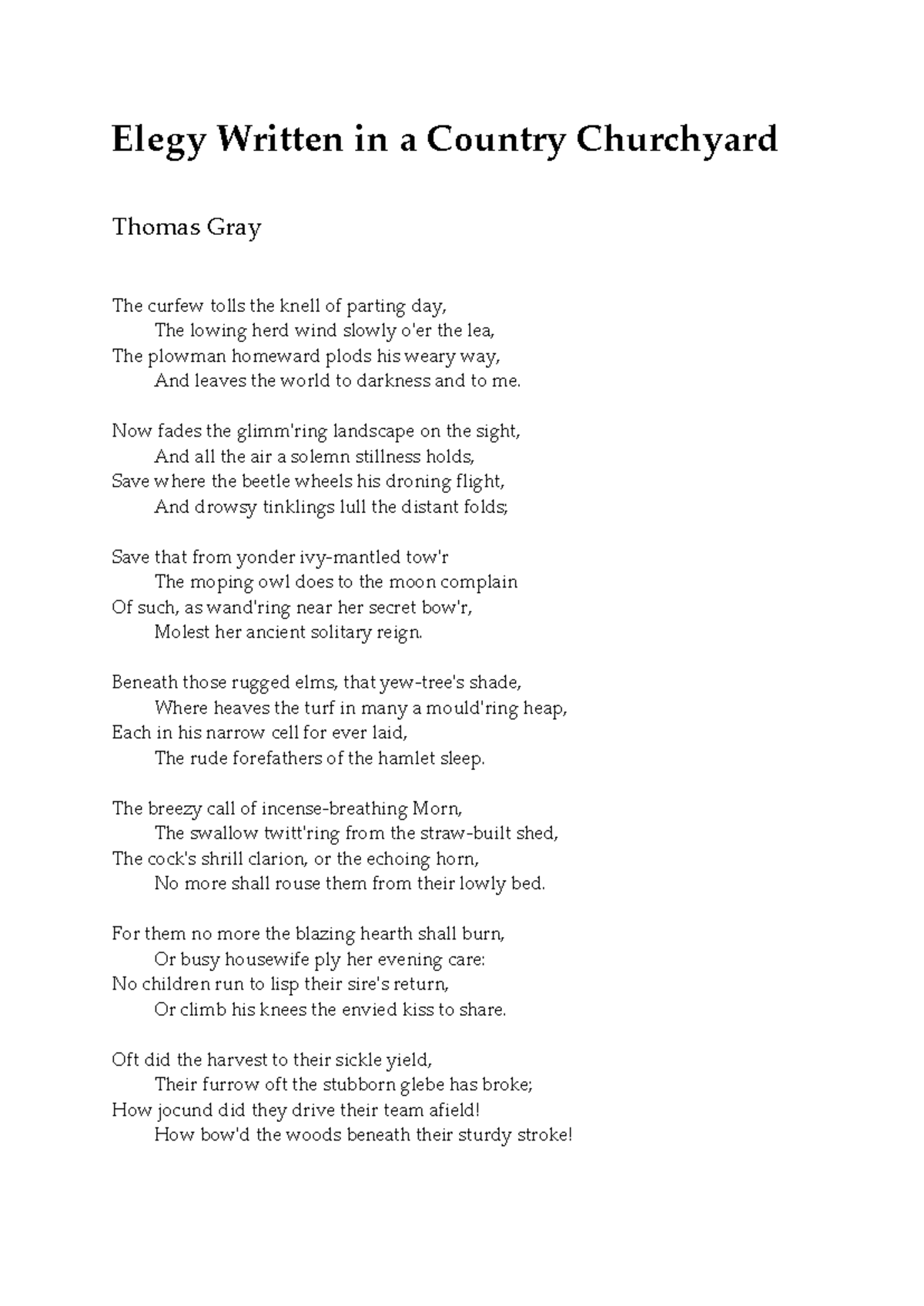 Elegy Written IN A Country Churchyard Thomas GRAY - Elegy Written in a ...