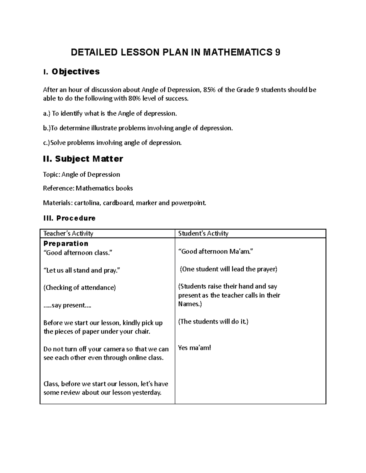 Angle of Depression - USE AS REFERRENCE - DETAILED LESSON PLAN IN ...