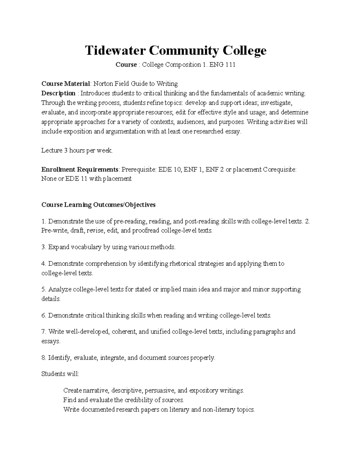 ENGLISH WRITING 111 - Tidewater Community College Course : College ...