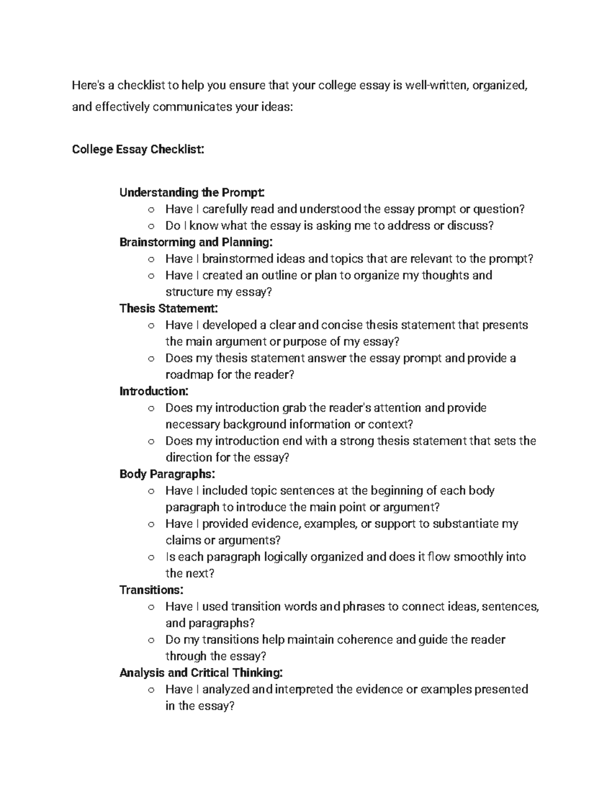 Advansed Essay Check List - Here's a checklist to help you ensure that ...