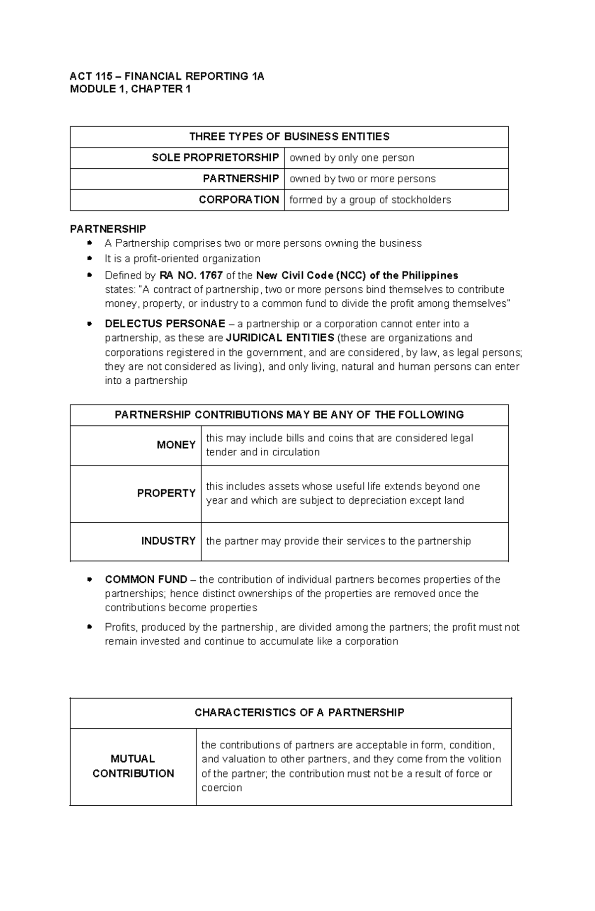 [ACT 115] Module 1 - ACT 115 M1C1 - ACT 115 – FINANCIAL REPORTING 1A MODULE 1, CHAPTER 1 THREE ...