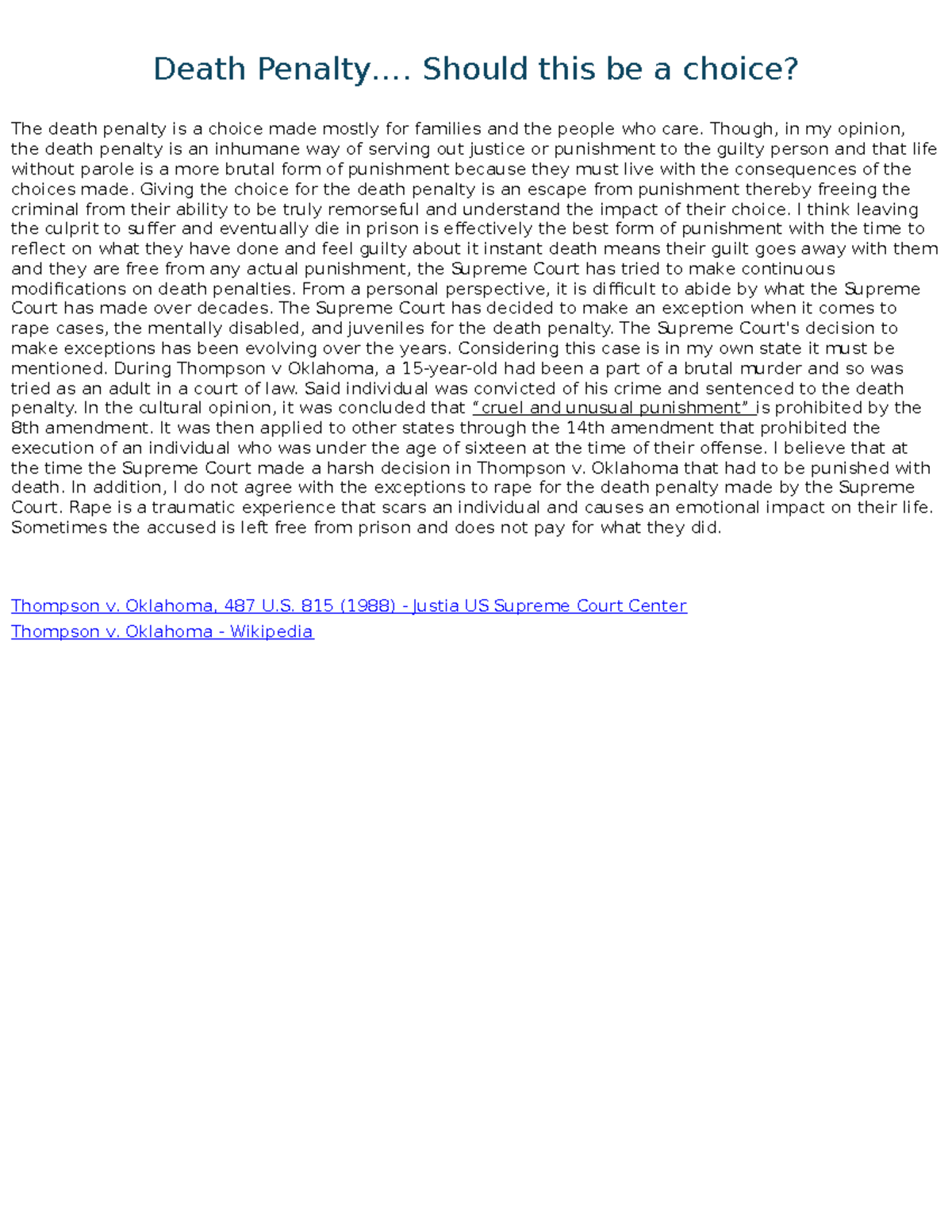 Death Penalty - essay - Death Penalty.... Should this be a choice? The ...