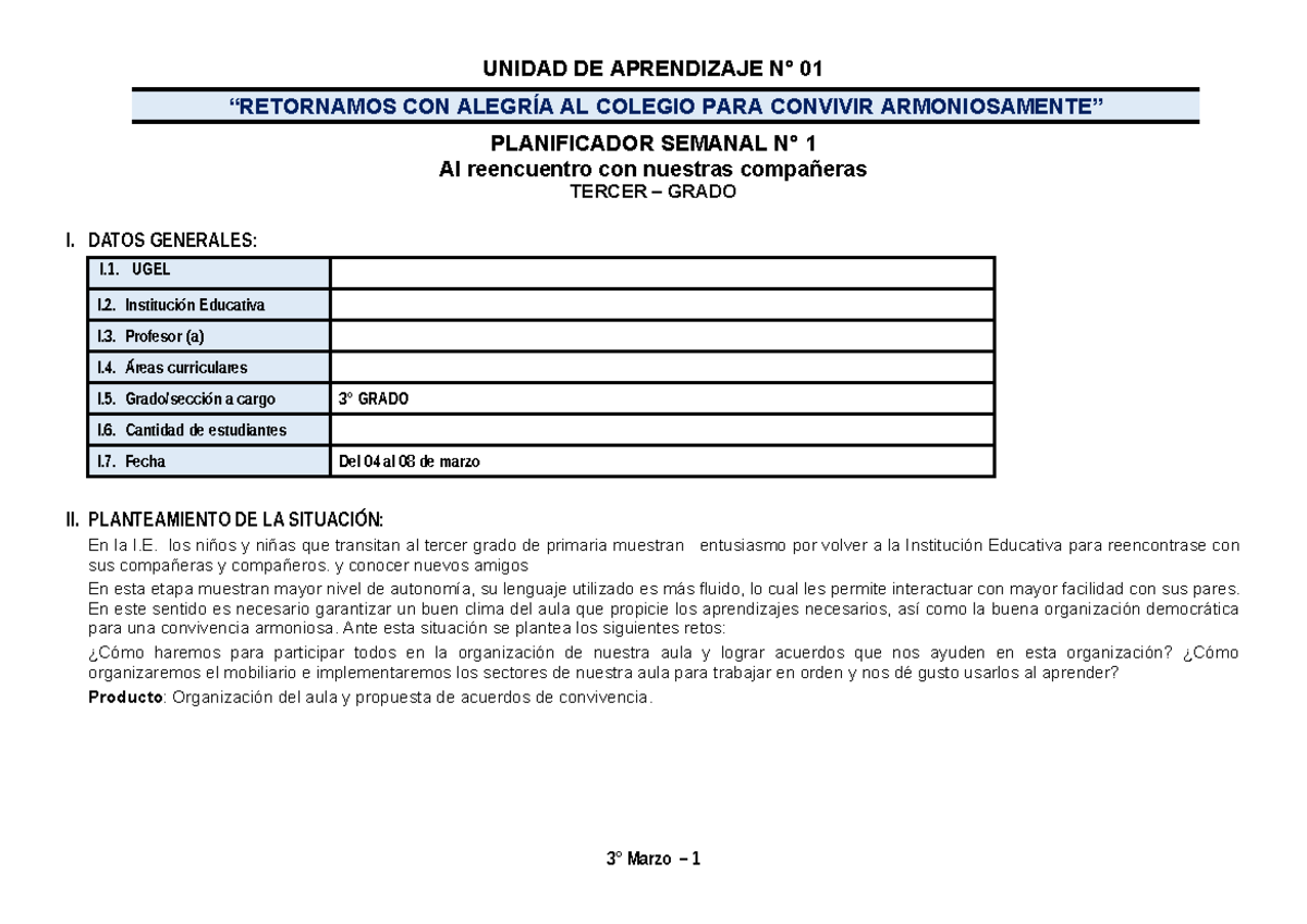 3° Grado - Planificador Semanal DEL 04 AL 08 DE Marzo - UNIDAD DE ...