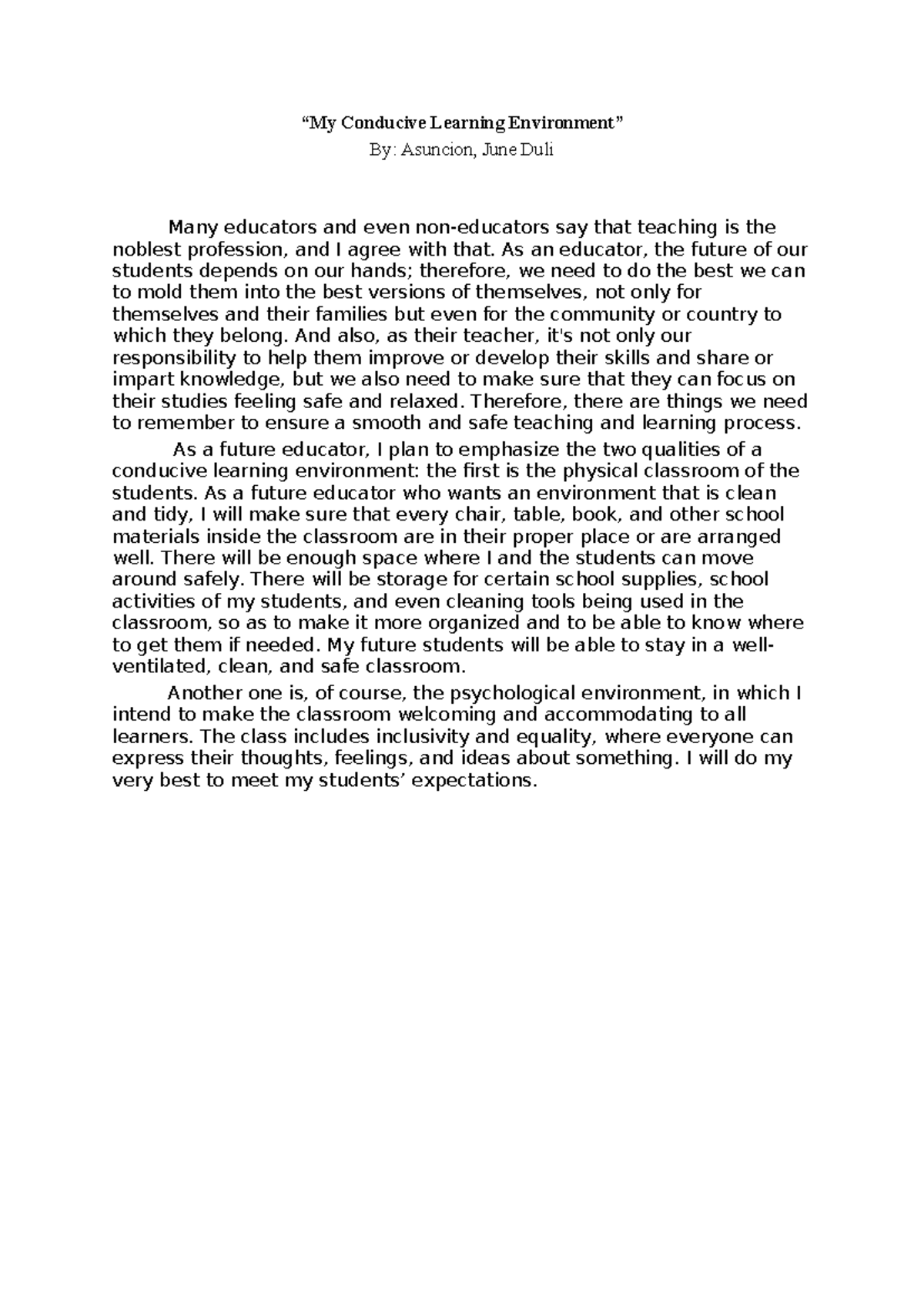 My Conducive Learning Environment - “My Conducive Learning Environment ...