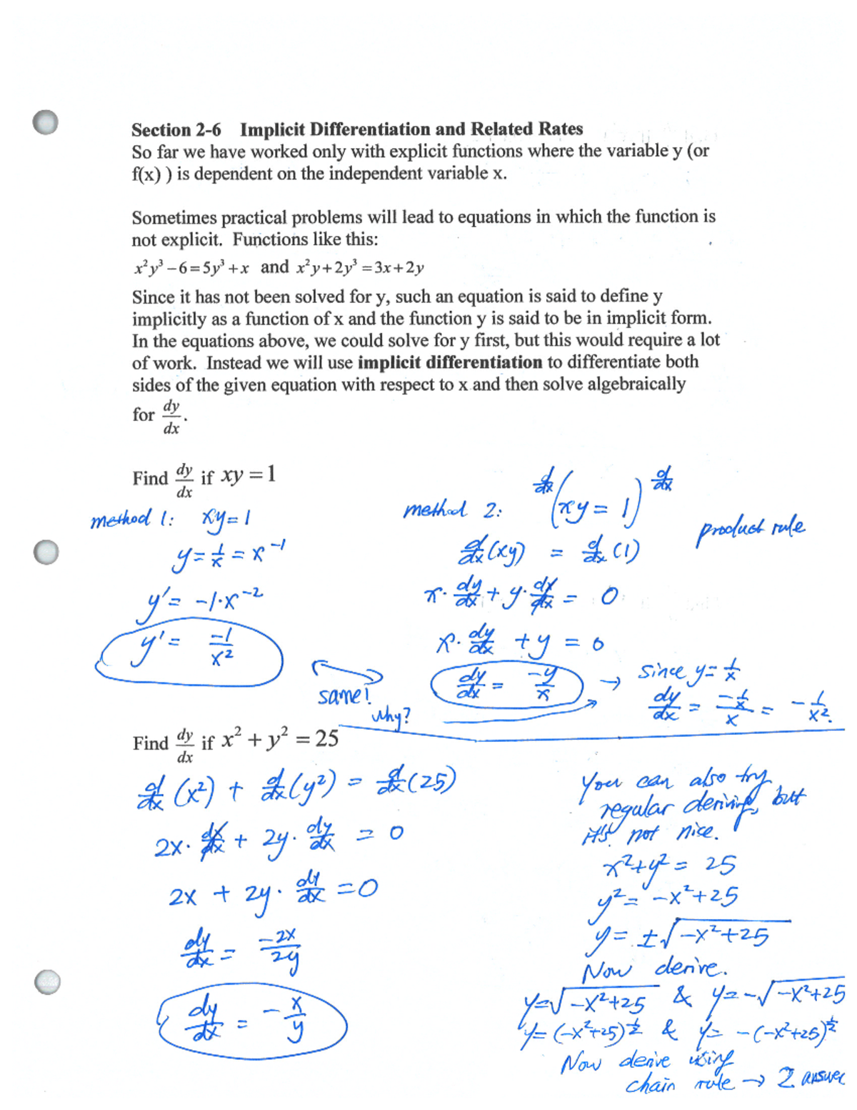 2.6 Implicit Differentiation Related Rates - Section Implicit ...