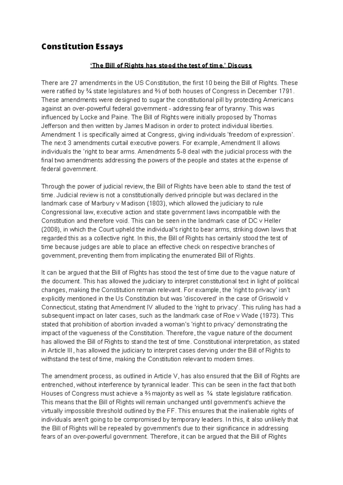 Constitution Essays - Grade: A - Constitution Essays Bill of Rights has ...