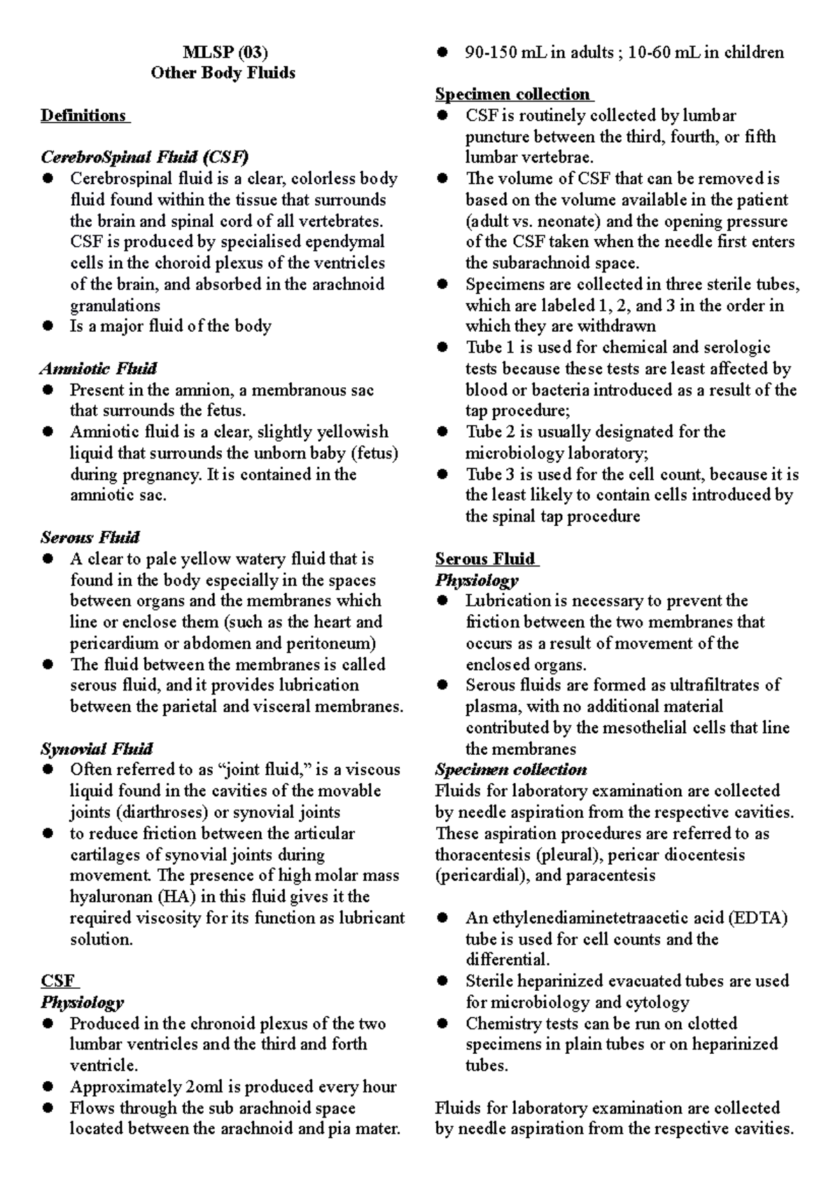 03 Other Body FLuids - Lecture - MLSP (03) Other Body Fluids ...