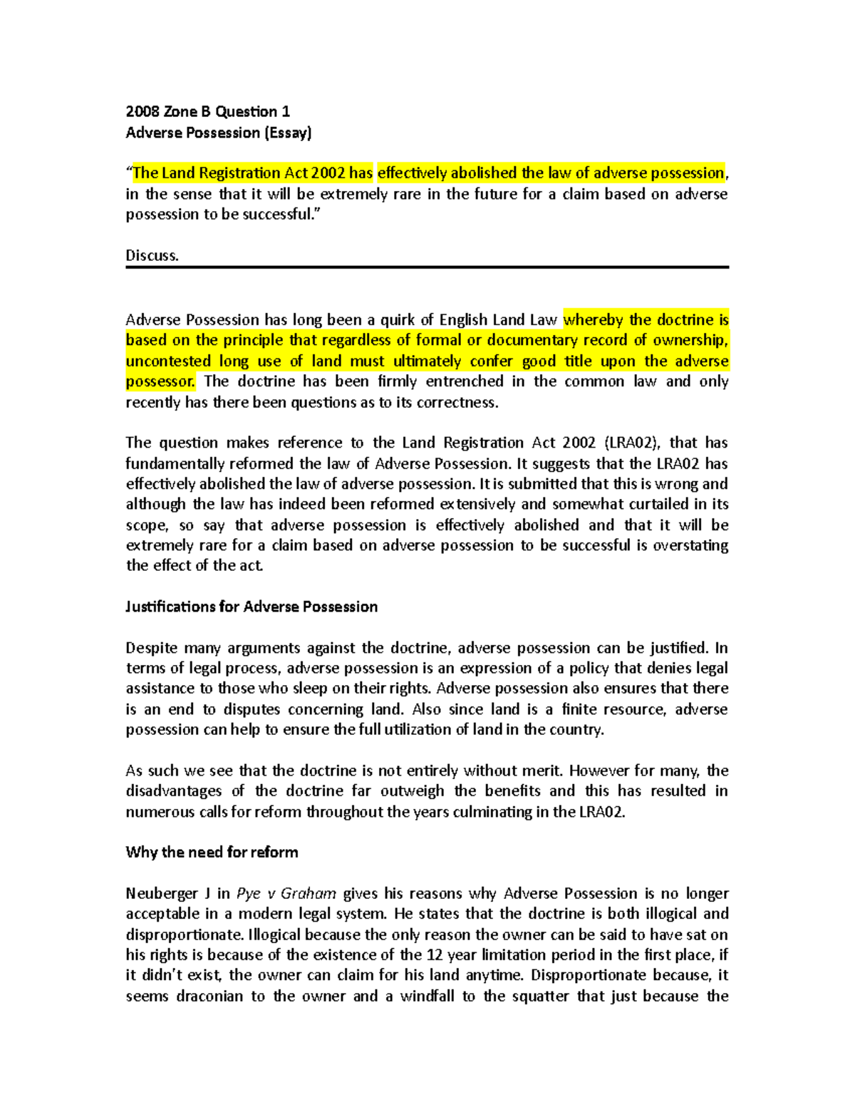 Adverse Possession - Q1 Zone B 2008 - 2008 Zone B Question 1 Adverse ...