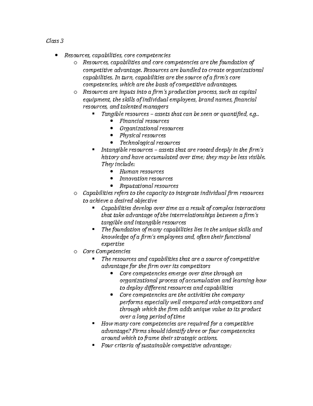 Class 3 Lecture Notes - Class 3 Resources, capabilities, core ...