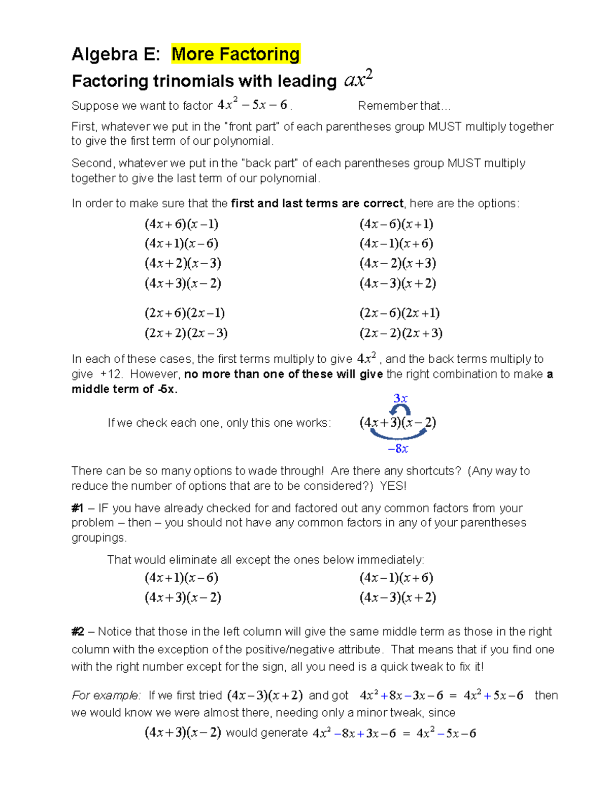 0324 Notes - Algebra - E through H - Algebra E: More Factoring ...
