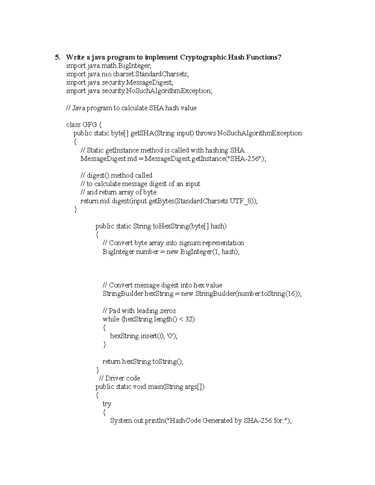 CNS 5 - assignment programs - 5. Write a java program to implement Cryptographic Hash Functions ...