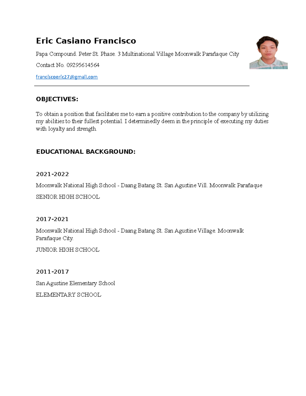Francisco Eric Casiano Resume - Eric Casiano Francisco Papa Compound ...