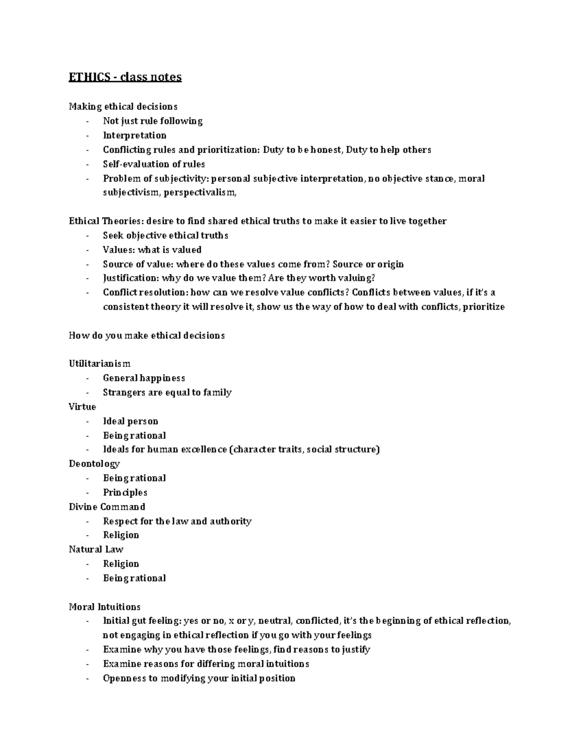 Ethics - ETHICS - class notes Making ethical decisions - Not just rule ...