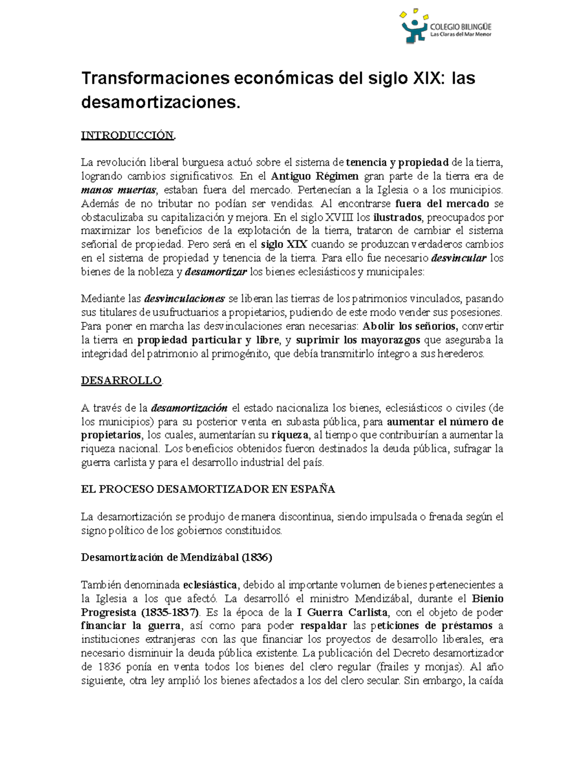 TEMA 10 Desamortizaciones.docx - Transformaciones económicas del siglo XIX: las ...