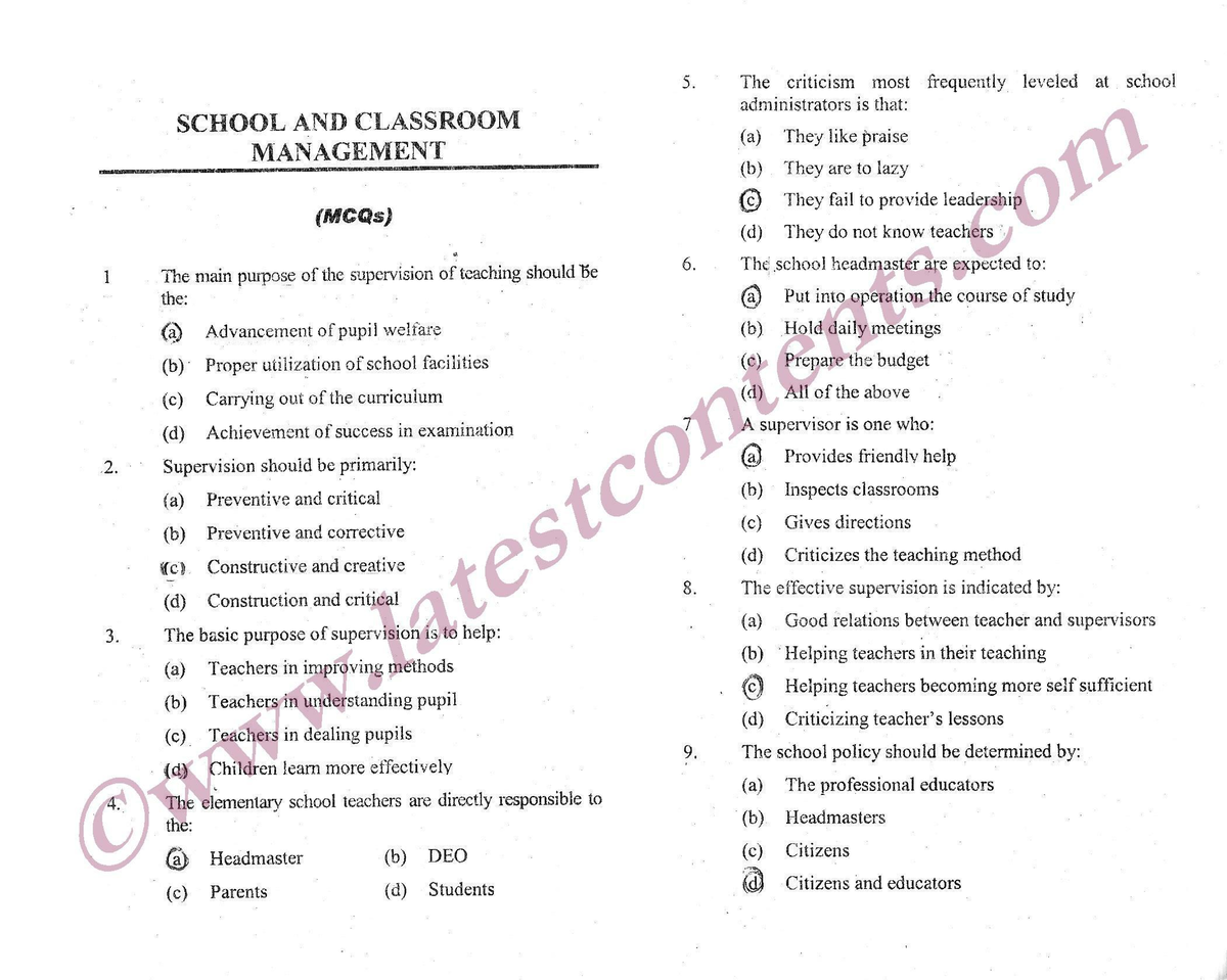 School and Class Room Management MCQs by kashu - Teaching Education - GCUF - Studocu
