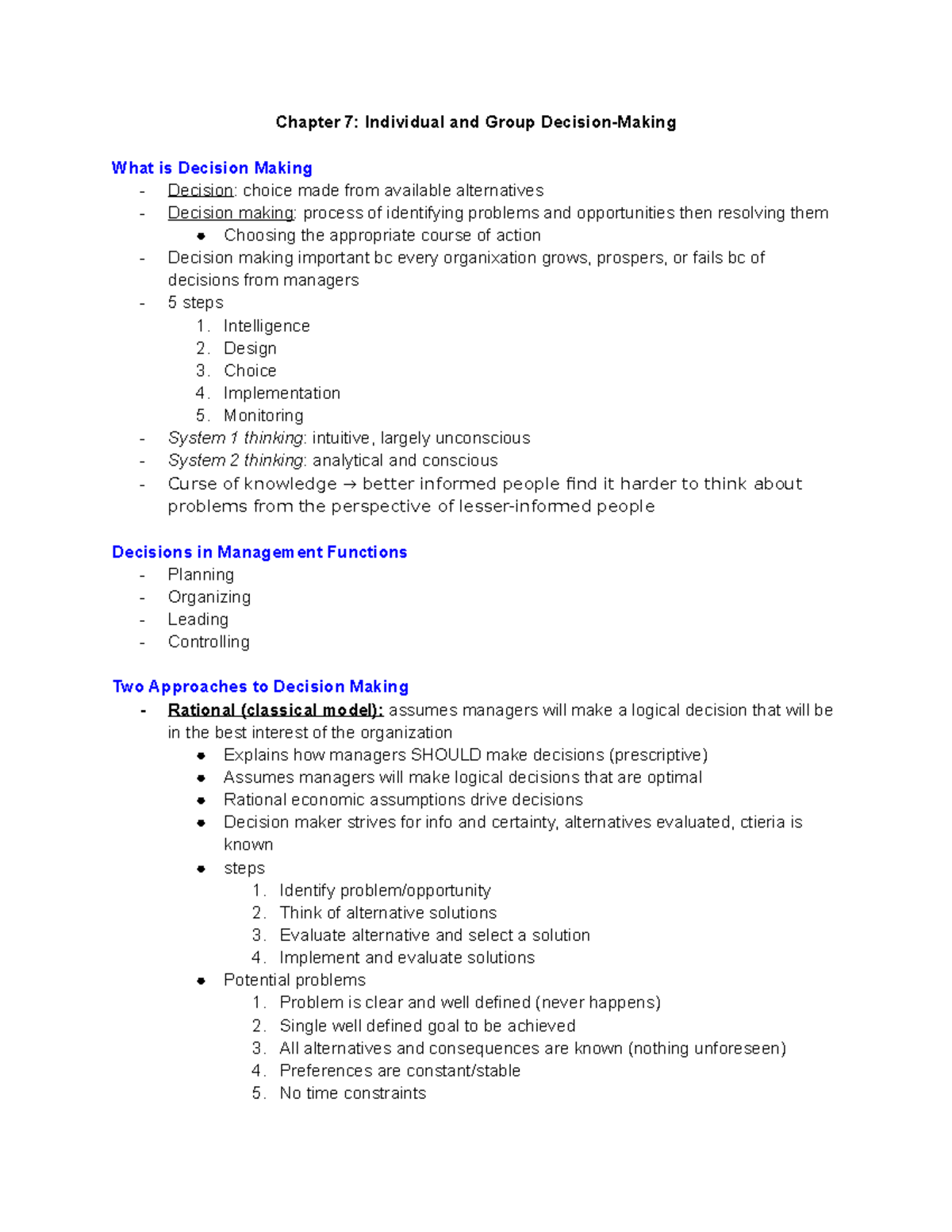 Chapter 7 lecture - Chapter 7: Individual and Group Decision-Making ...