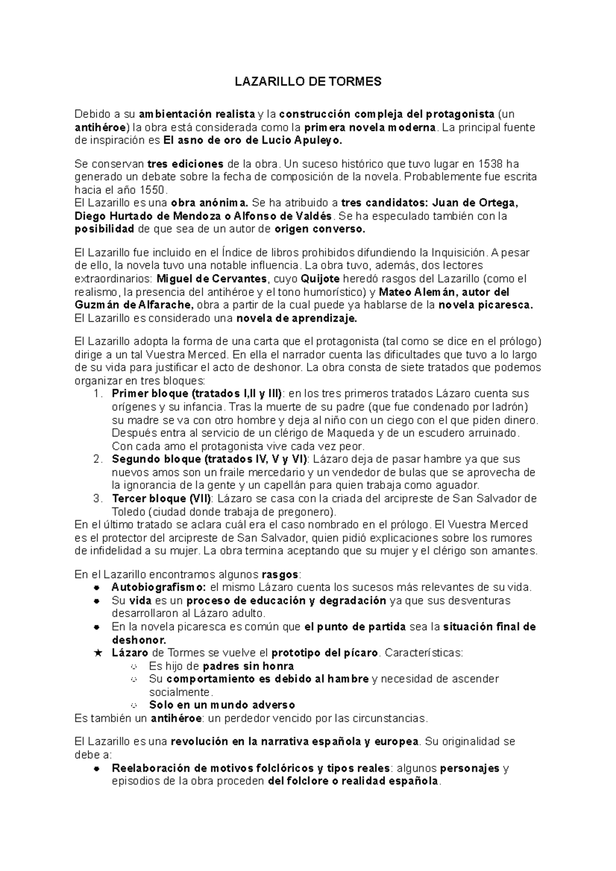 Lazarillo DE Tormes - Trabajo de curso - LAZARILLO DE TORMES Debido a ...