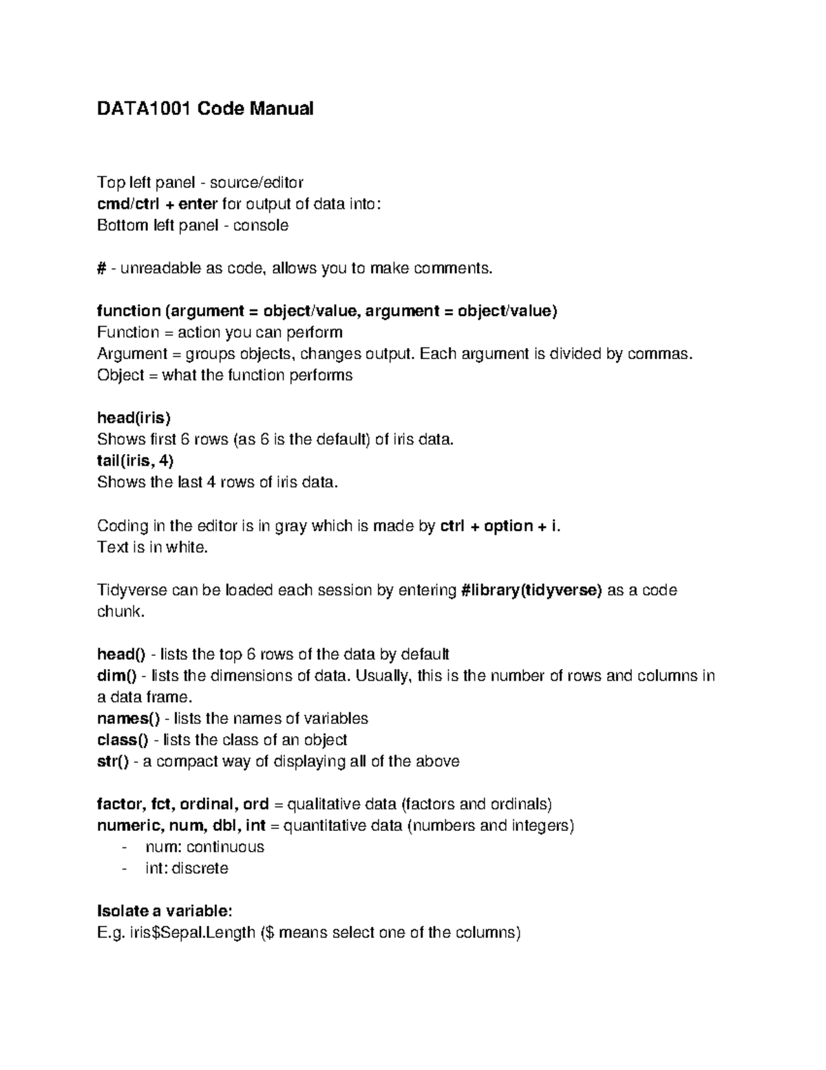 Copy of DATA1001 Code Manual - DATA1001 Code Manual Top left panel - source/editor cmd/ctrl ...