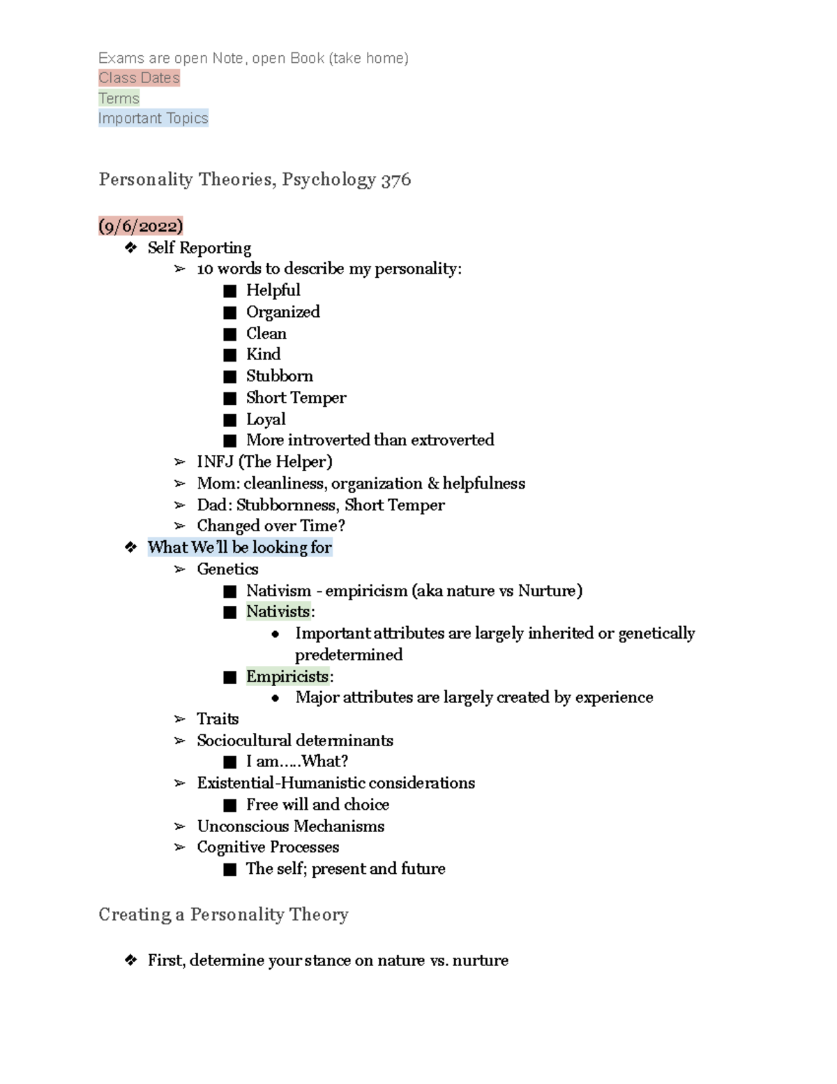 Class Notes #1 - Class Dates Terms Important Topics Personality ...