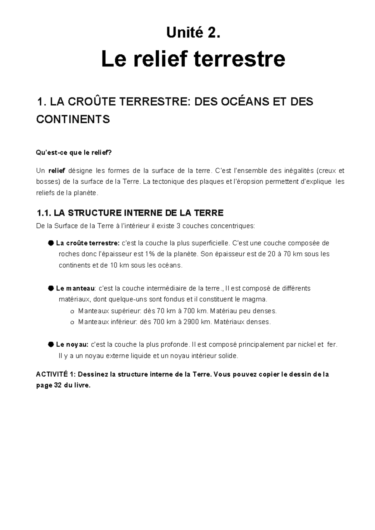Unite 2 Le relief terrestre - Unité 2. Le relief terrestre 1. LA CROÛTE ...
