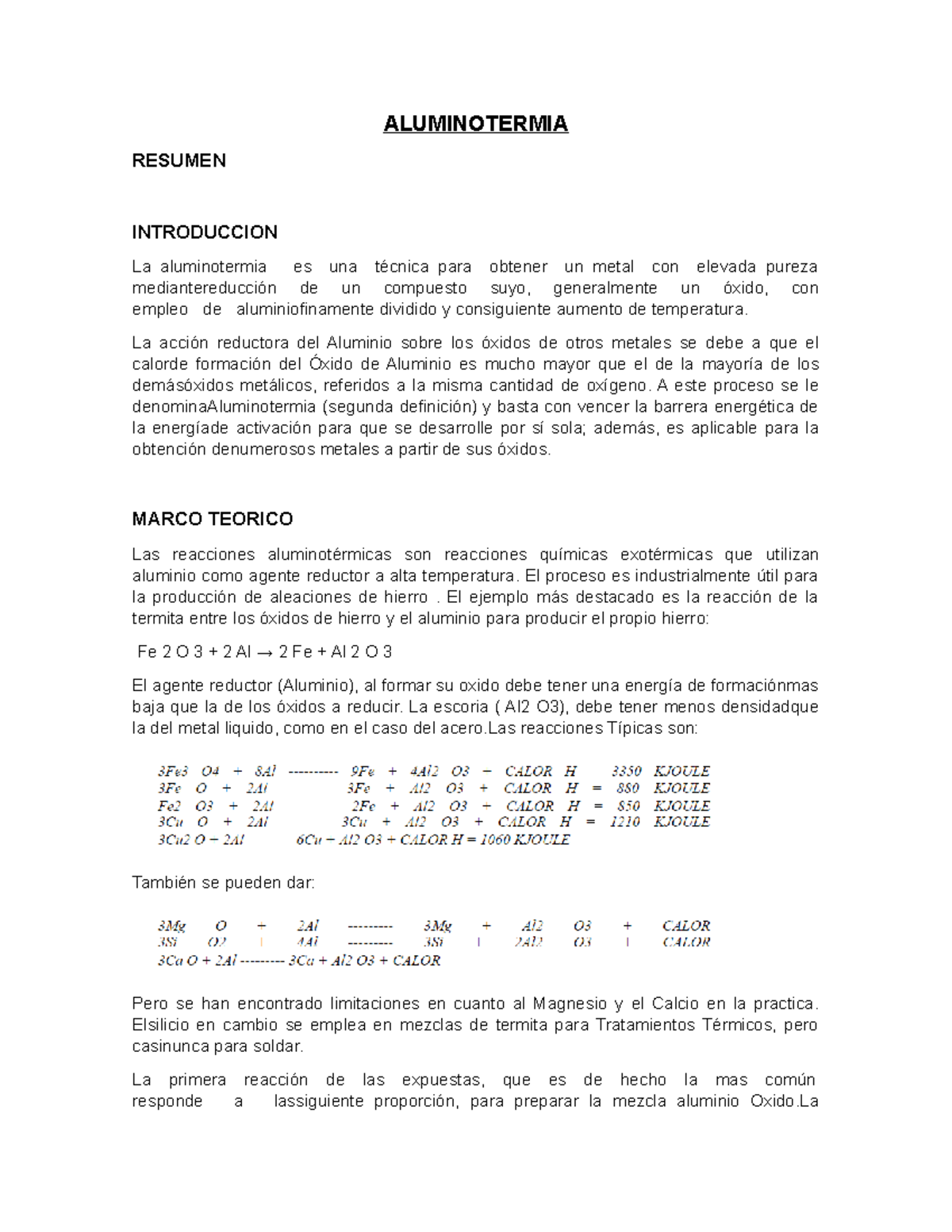 Aluminotermia-PIRO1 - Nota: 5.4 - ALUMINOTERMIA RESUMEN INTRODUCCION La ...