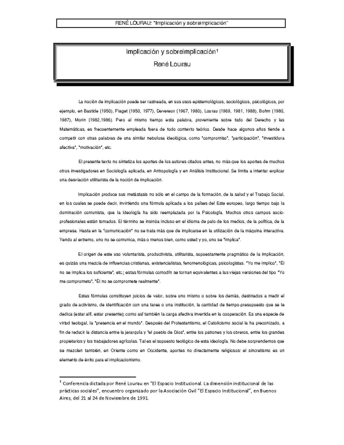Loureau concepto de implicación - Implicación y sobreimplicación 1 René ...