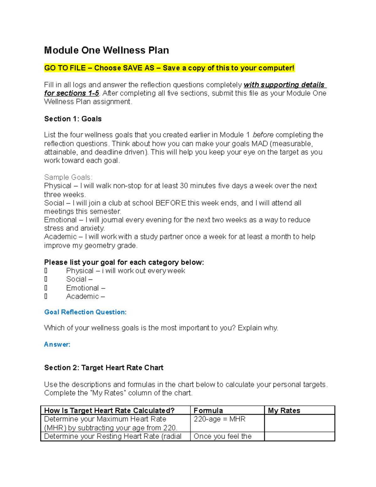 Module one wellness plan - Module One Wellness Plan GO TO FILE – Choose ...