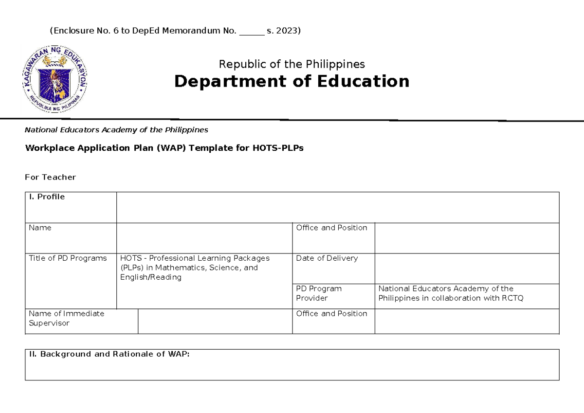 S5 Template WAP for Teachers - (Enclosure No. 6 to DepEd Memorandum No ...
