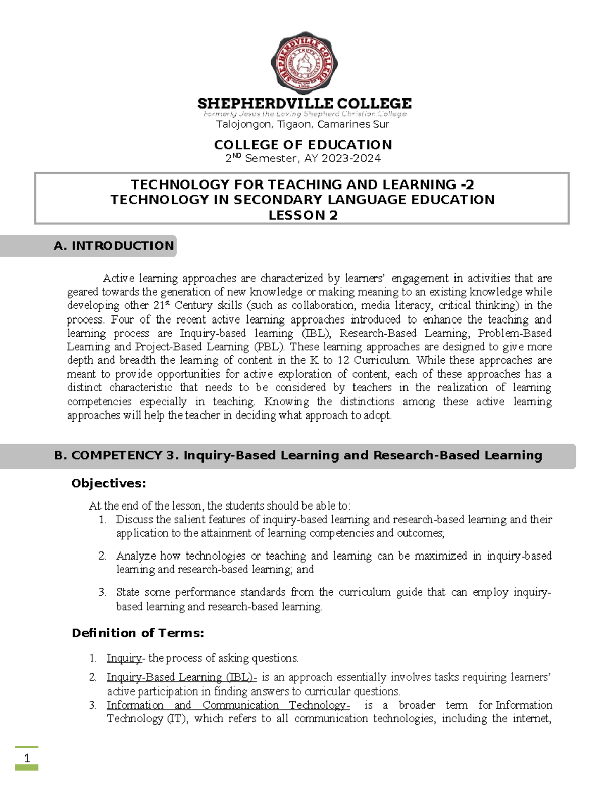 Lesson-2A TTL2 - AANASANAA AKKK - Talojongon, Tigaon, Camarines Sur COLLEGE OF EDUCATION 2 ND ...