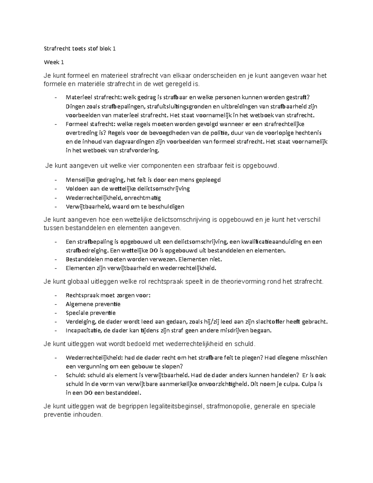 Toets stof strafrecht blok 1 - Strafrecht toets stof blok 1 Week 1 Je ...