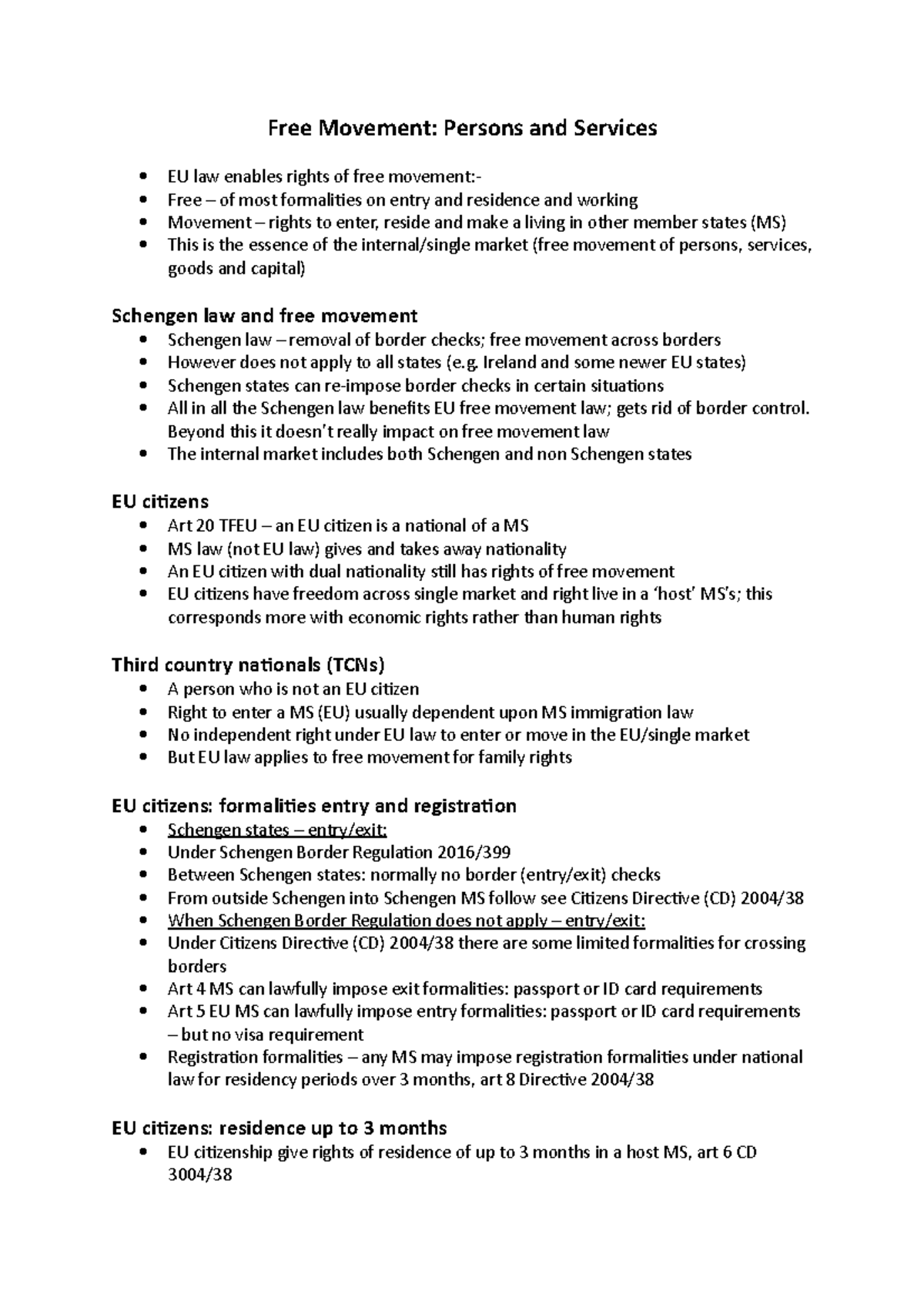 Free Movement of persons - Free Movement: Persons and Services EU law ...