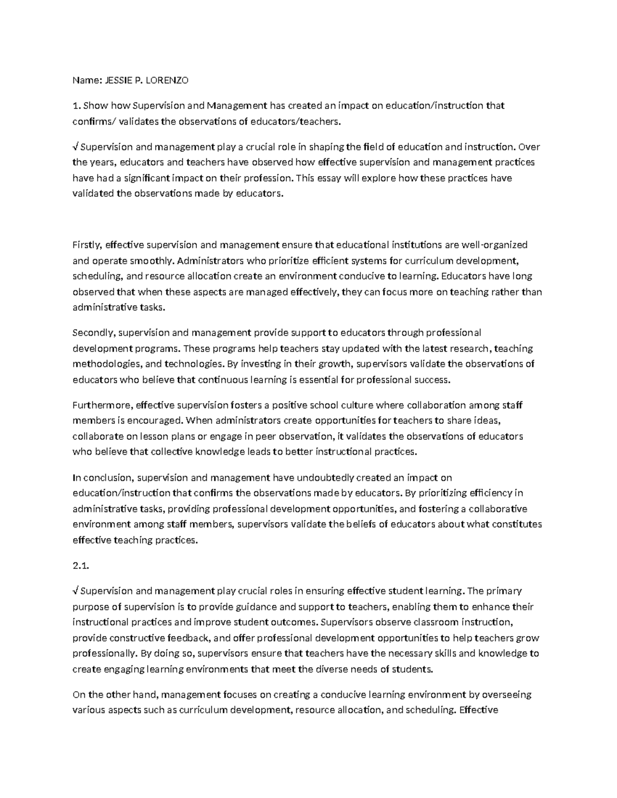 Midterm EXAM Supervision AND Management Jessie - Name: JESSIE P ...