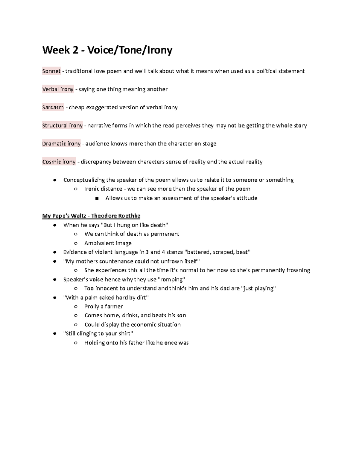 ENGL 100 Week 2 Notes - Week 2 - Voice/Tone/Irony Sonnet - traditional ...