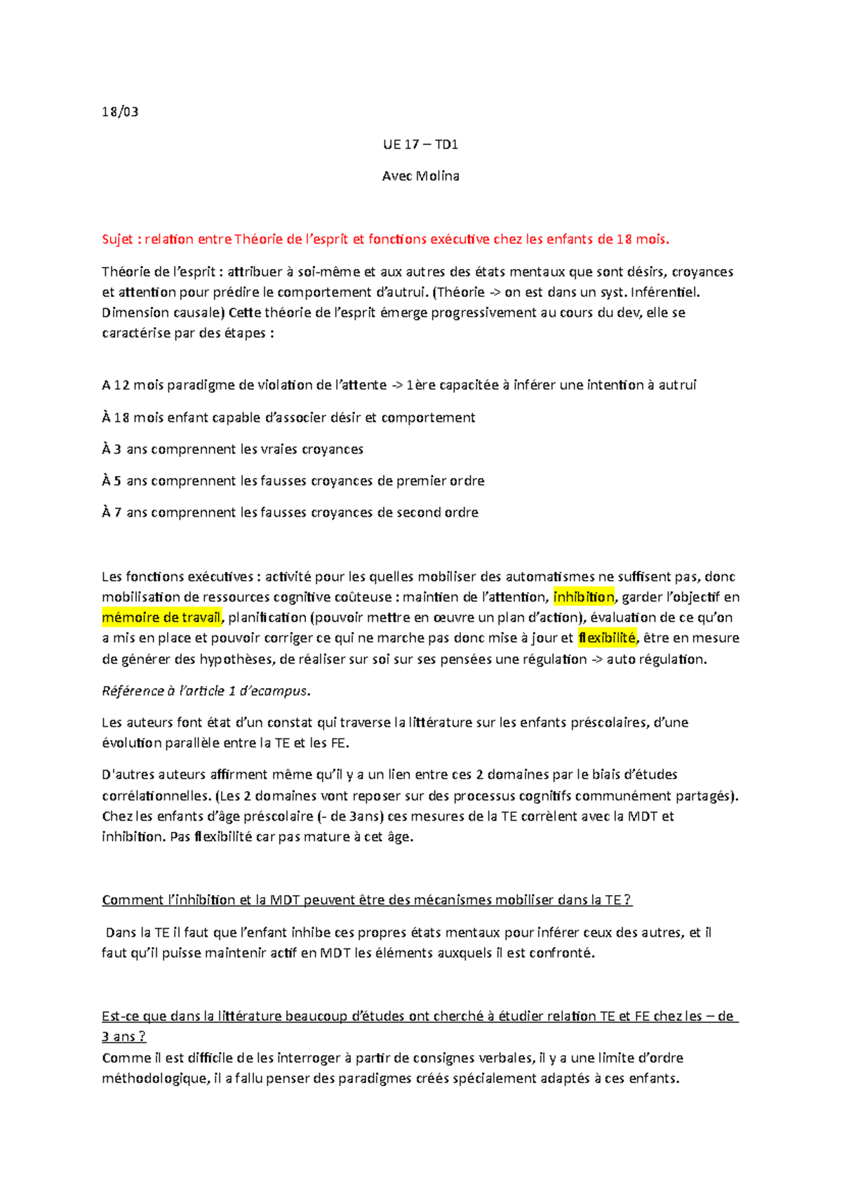 flexibilité cognitive TD1 et TD2, approche dev - Attention et fonctions exécutives - Studocu