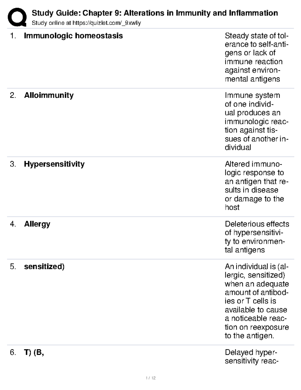 Chapter 9 - Alterations in Immunity and Inflammation - Study online at quizlet/_9xwliy ...