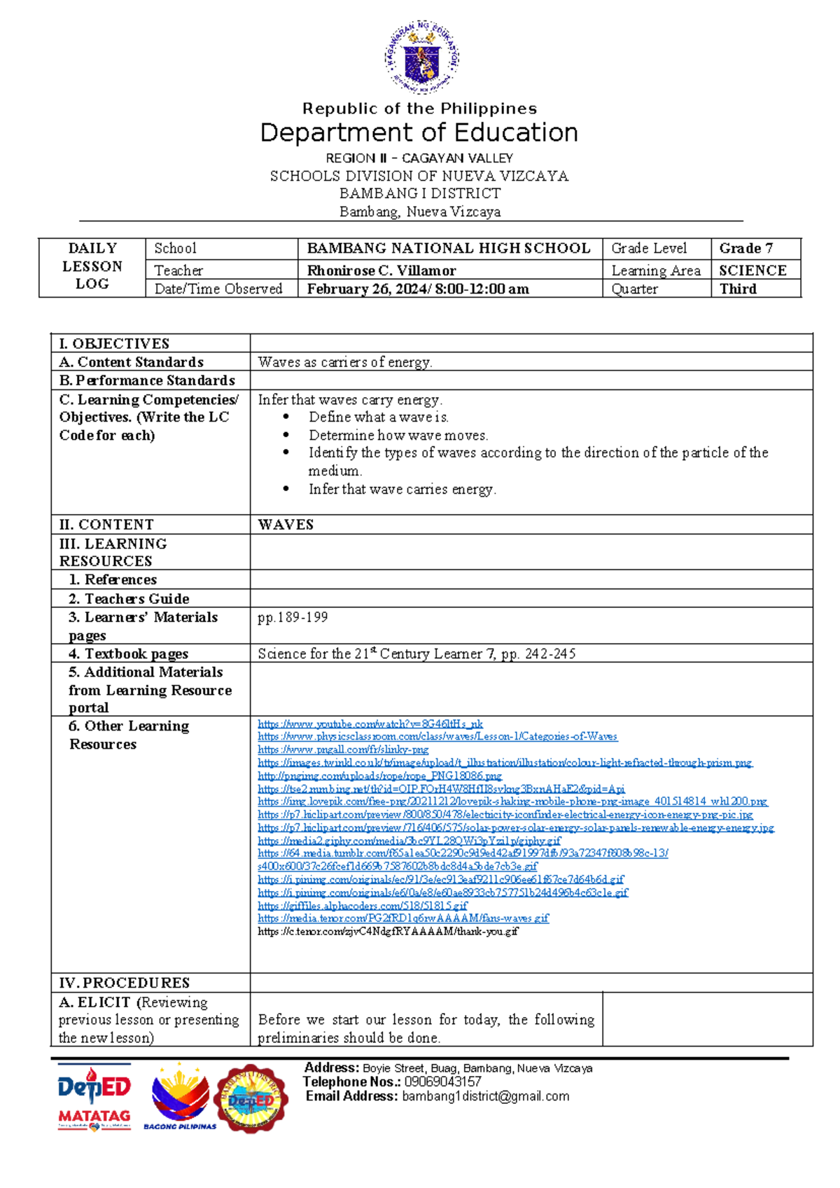 Lesson Plan on Waves Grade 7 - Department of Education REGION II ...
