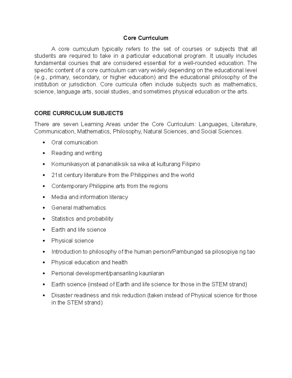 Ped 20-reporttt - Core Curriculum A core curriculum typically refers to ...