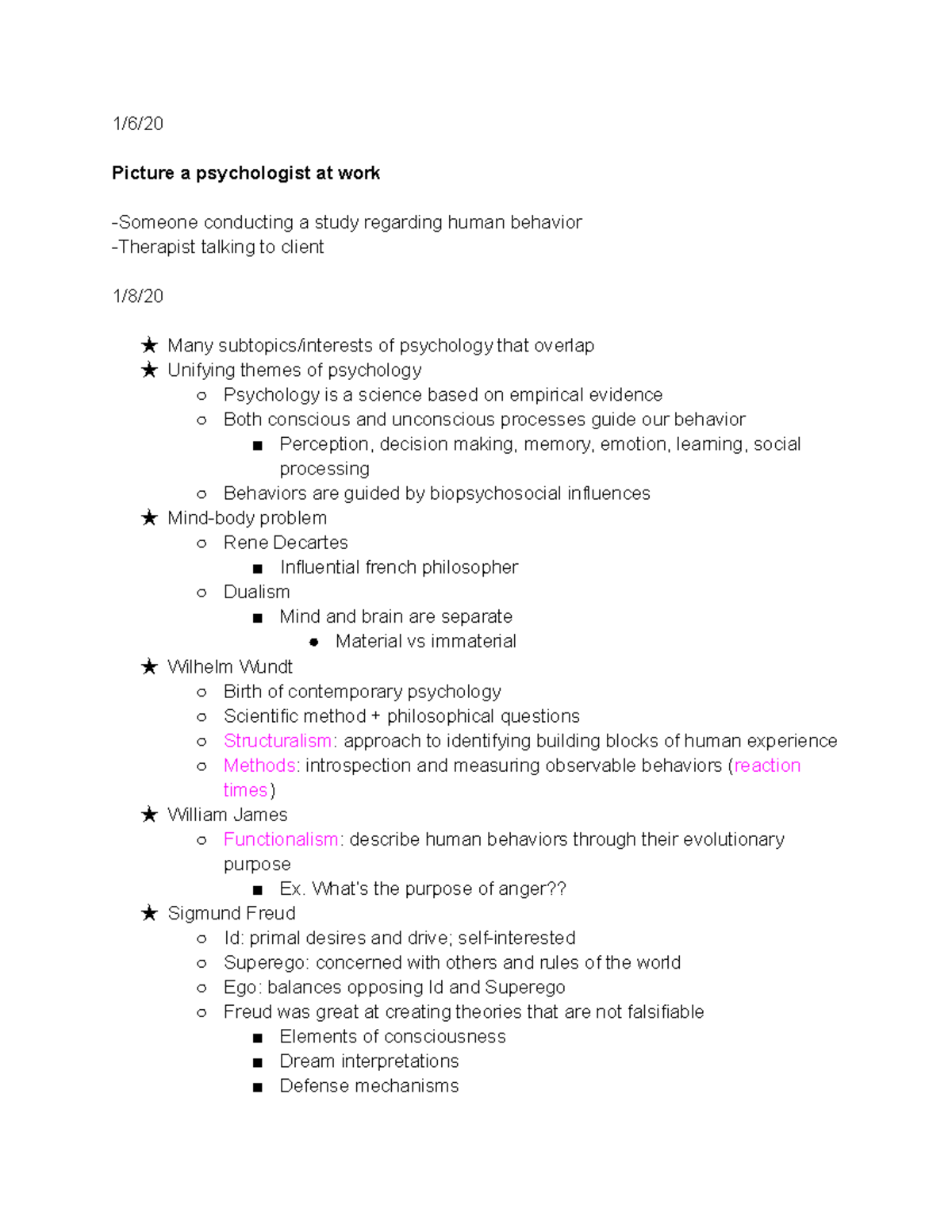Introduction to Psychology: Lecture Notes Part 1 - 1/6/ Picture a ...
