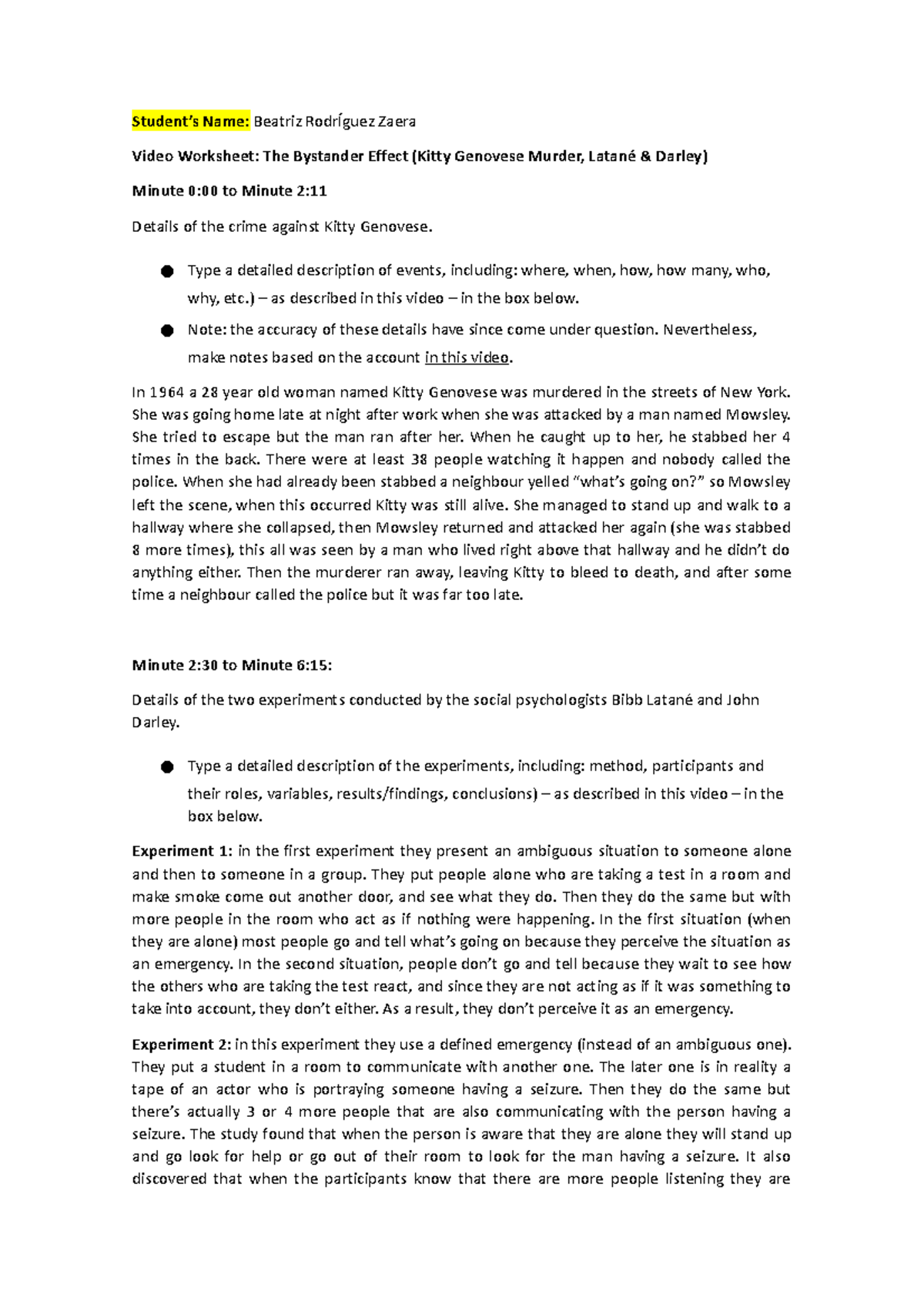 The Kitty Genovese Murder and the Darley Latan Ã© Experiments - Student ...