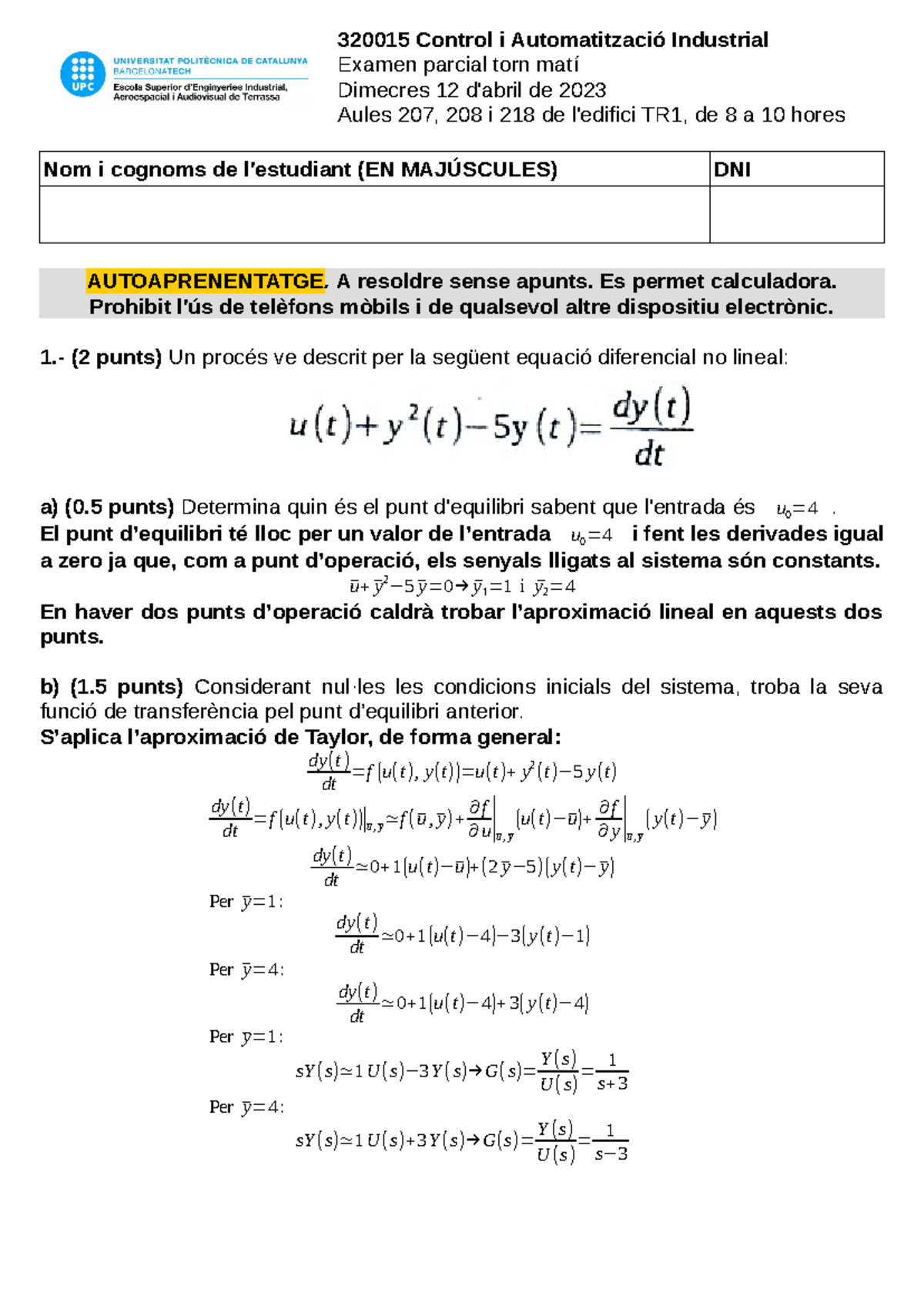 Examen Teoria 2223Mati Resolt - 320015 Control i Automatització ...