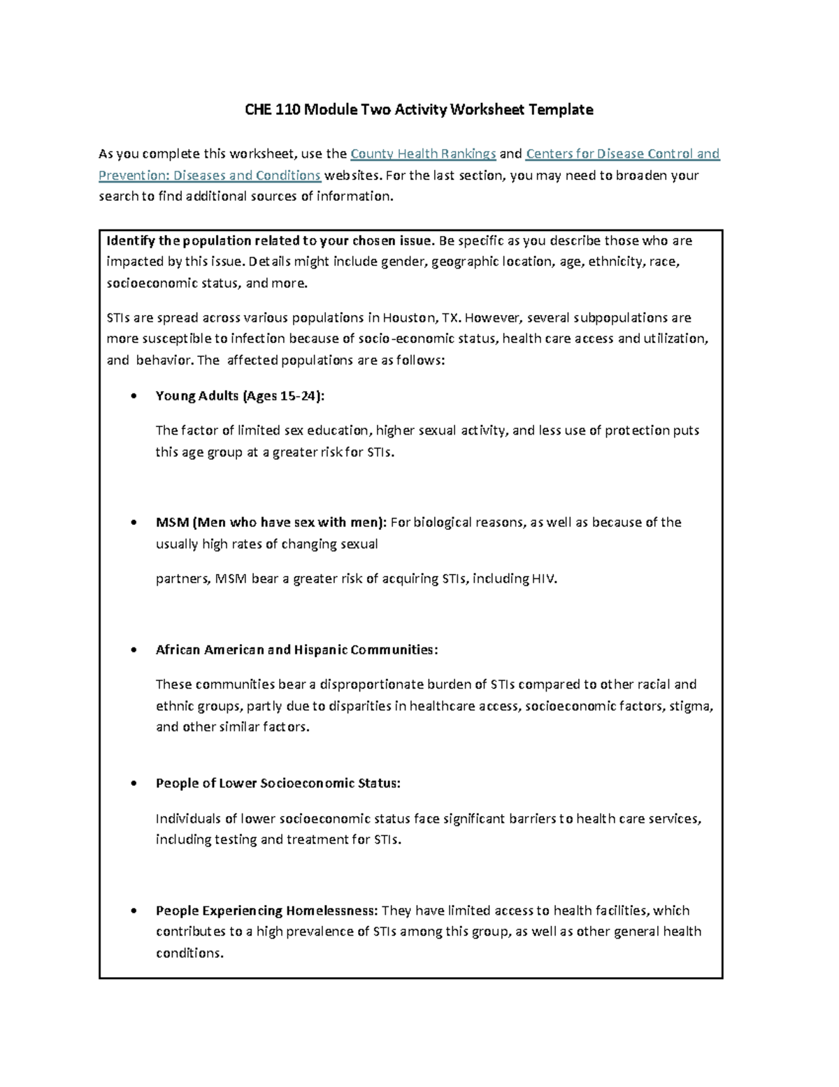 CHE 110 Module Two Activity Worksheet Template - For the last section ...