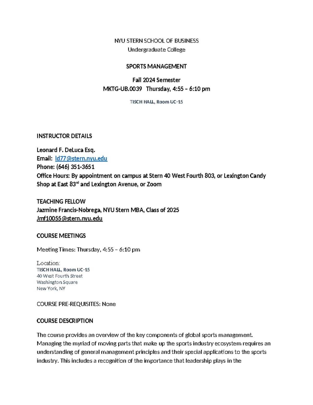 Fall 2024 NYU Sports Management Syllabus 5 - NYU STERN SCHOOL OF ...
