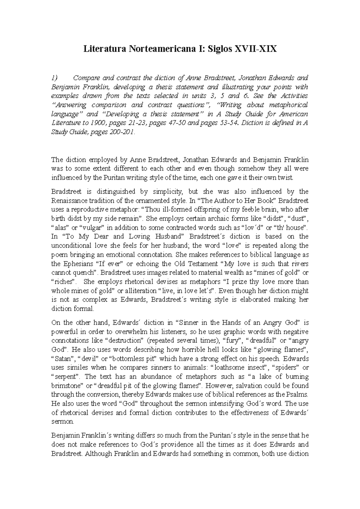 Literatura Norteamericana I - See the Activities “Answering comparison ...