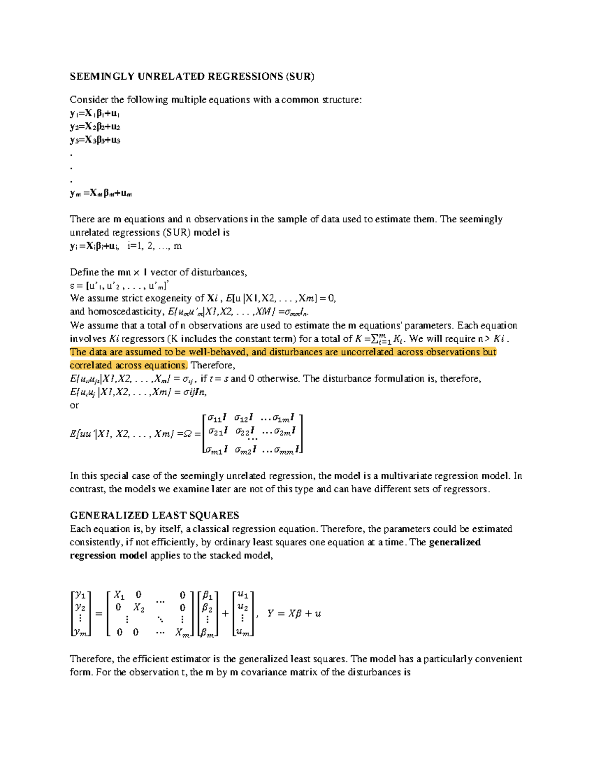 Notes-Weeks 12 - lecture note - SEEMINGLY UNRELATED REGRESSIONS (SUR ...