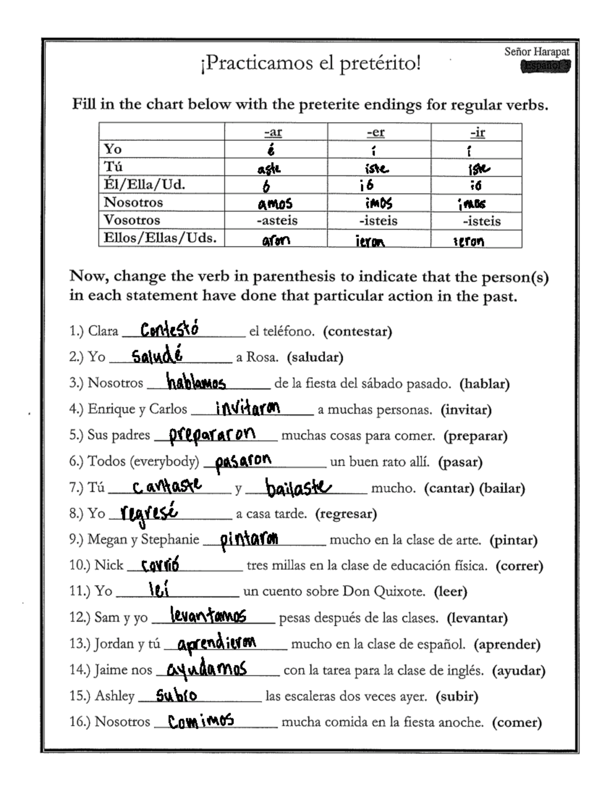 Spanish 1020 Strickler Preterite Practice - é i i aste iste iste or io ...