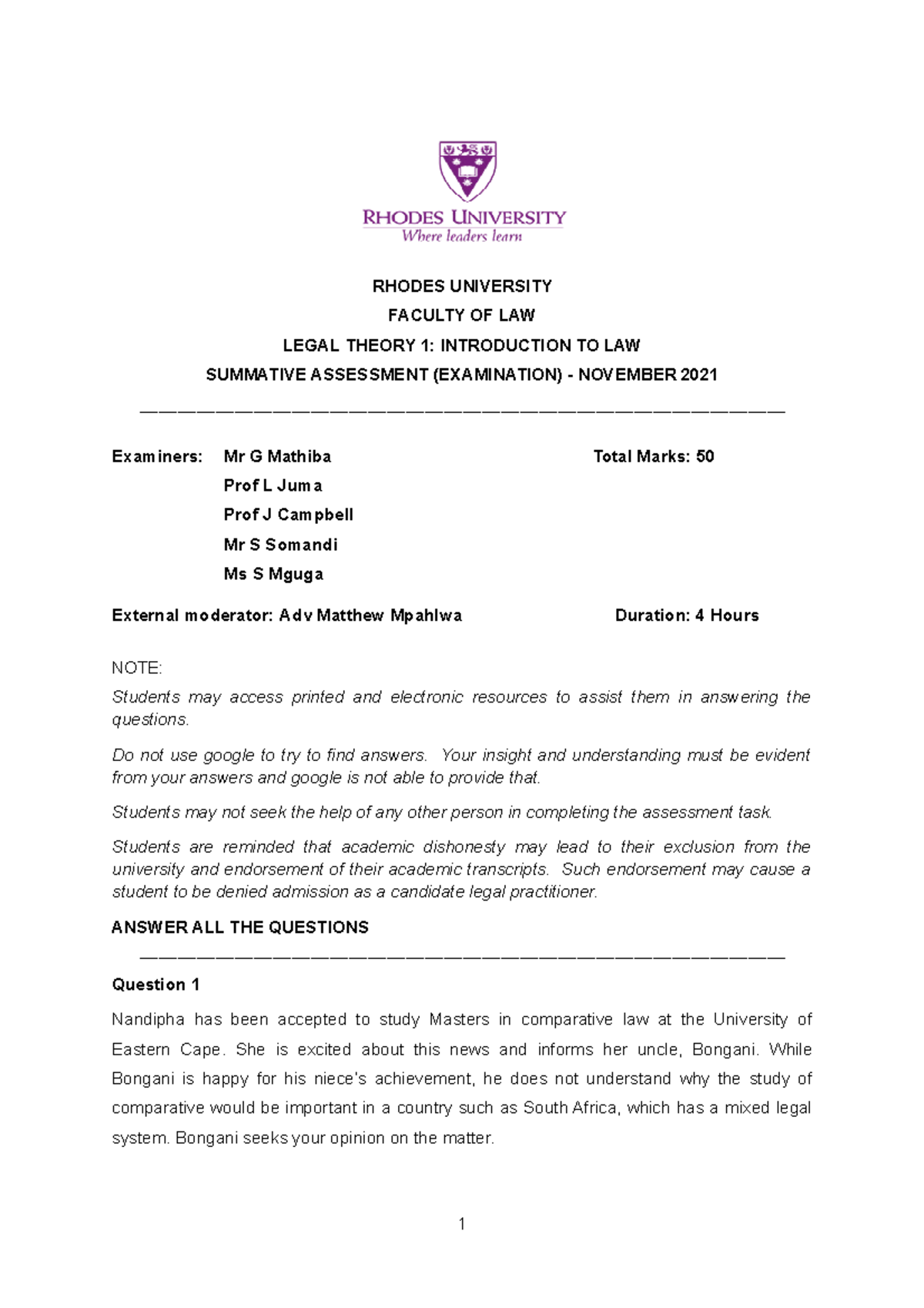 Introduction to Law Nov 2021 Final - RHODES UNIVERSITY FACULTY OF LAW ...