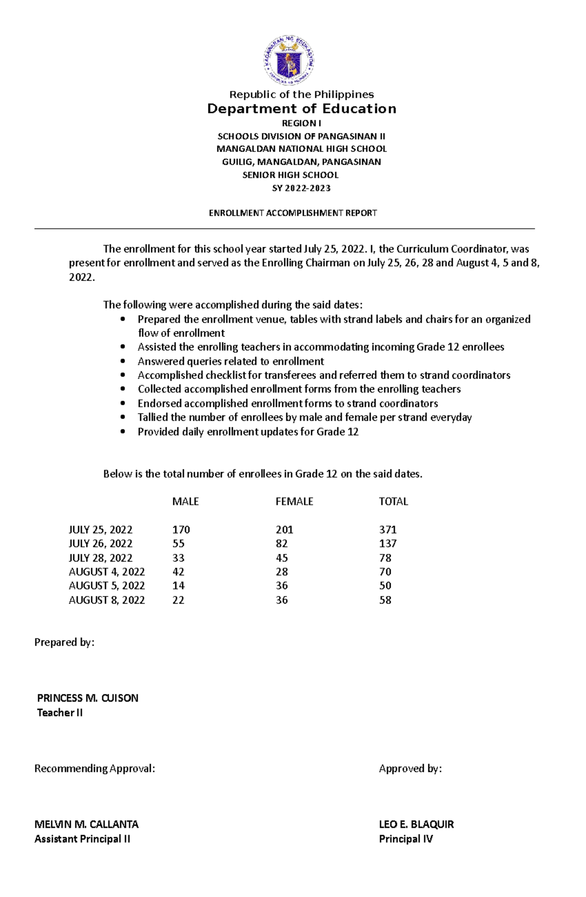 Enrollment- Accomplishment- Report - Republic of the Philippines ...